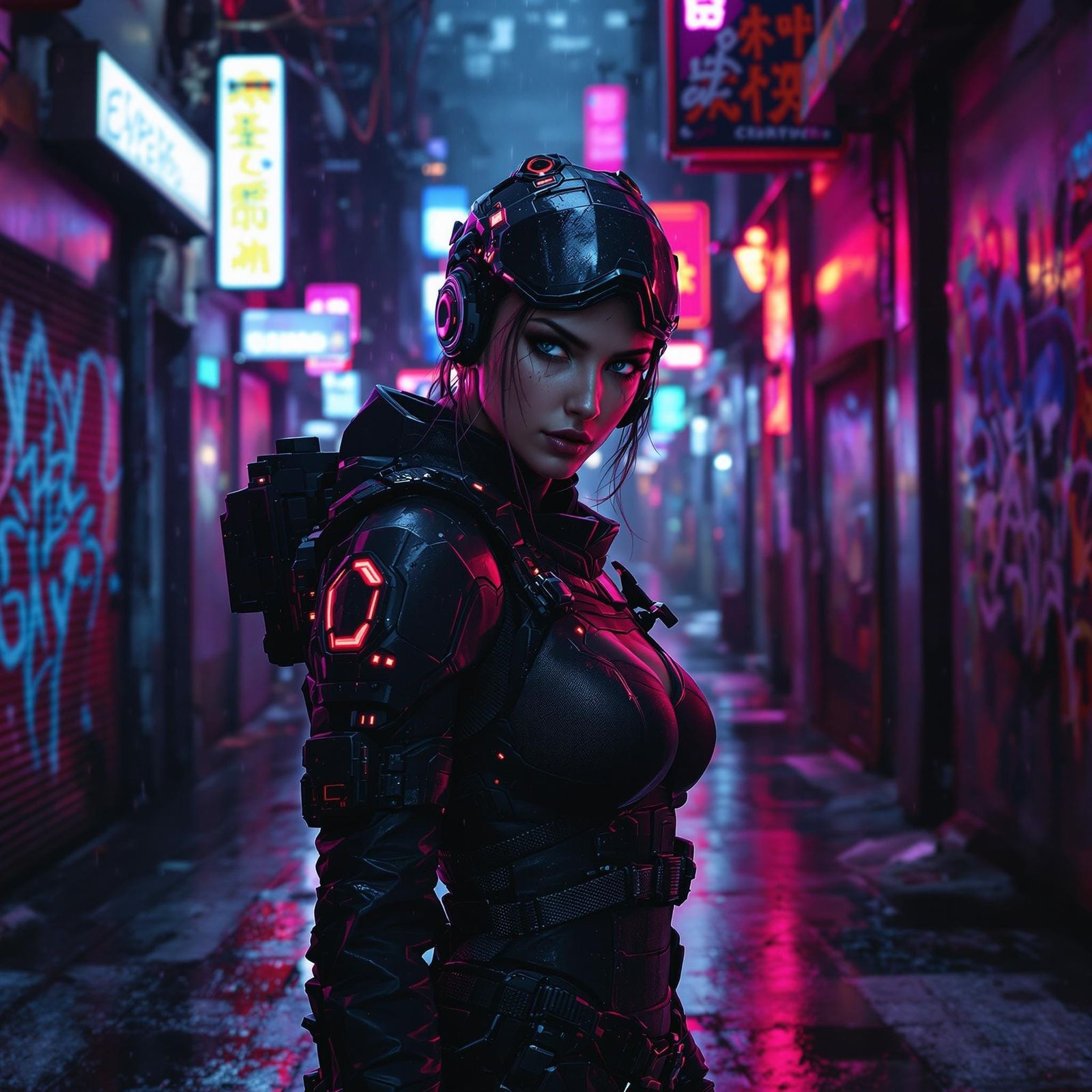 Cyberpunk Mercenary in Neon Alleyway - AI Art
