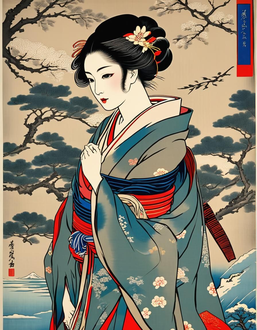 Ukiyo-e, woodblock print, beautiful woman, Hokusai, Hiroshige, - AI ...