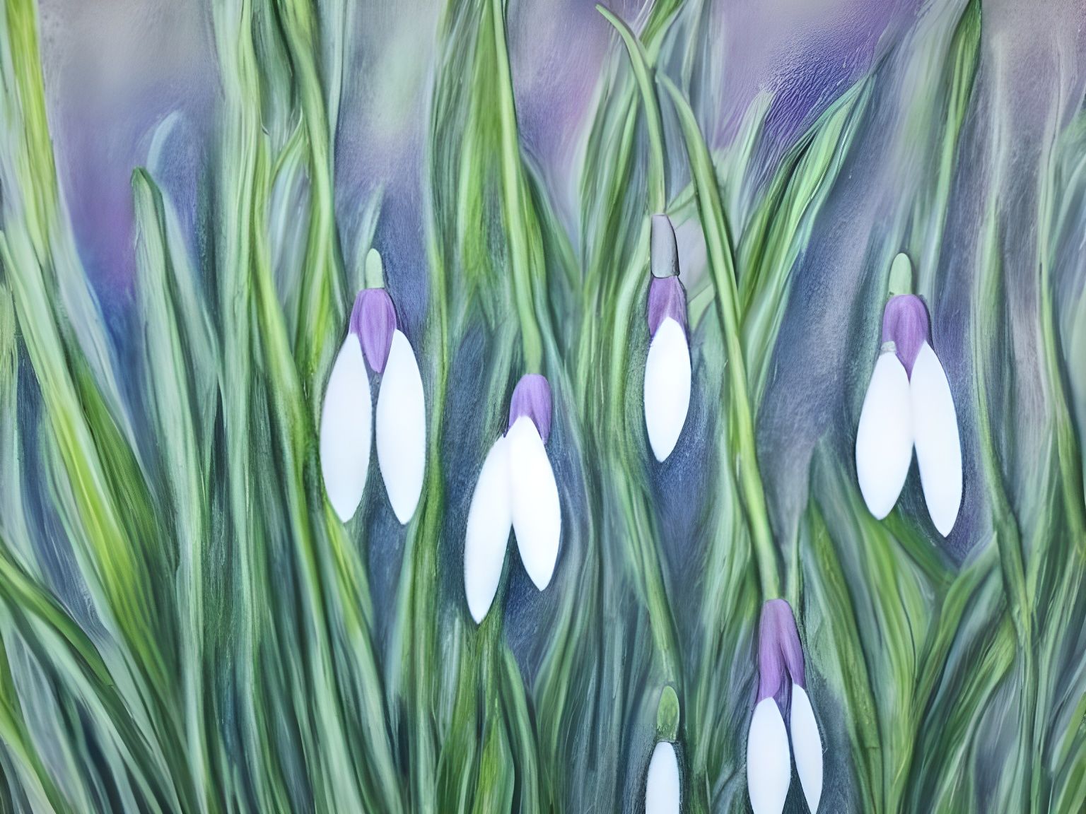 A few snowdrop flowers growing together, pastels beautiful complex ...