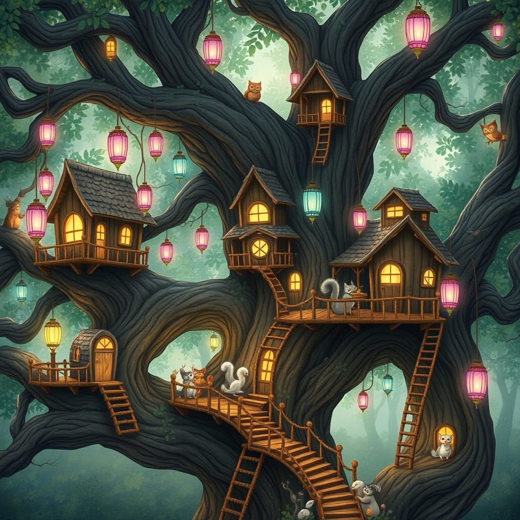 Whimsical Treehouse Village in Ancient Oak Tree - AI Art