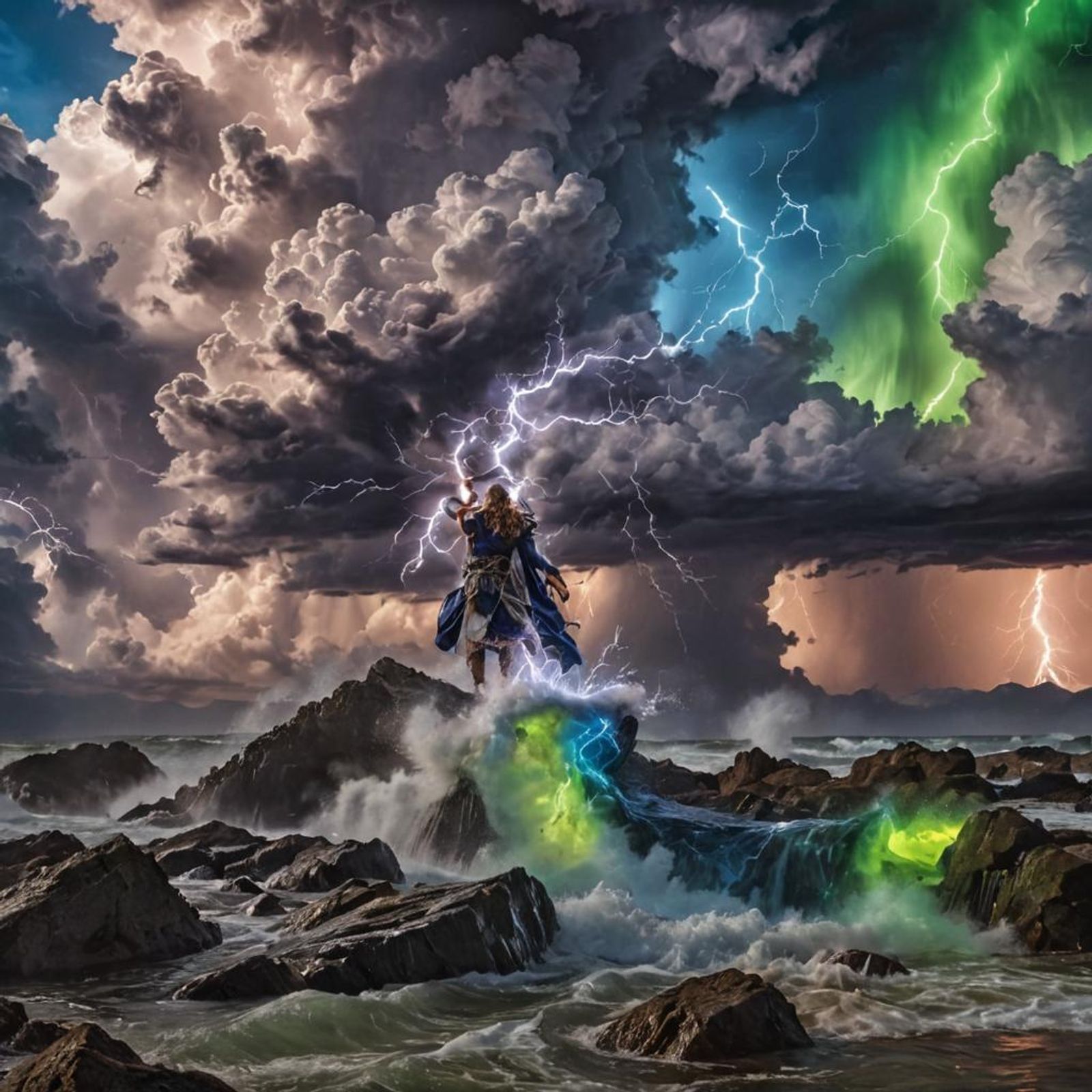 A druid controlling the elements to create a storm; The lightning ...
