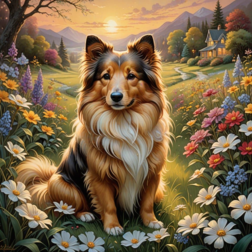 Sheltie, Flowers, Sunset - Sheltie, Flowers, Sunset