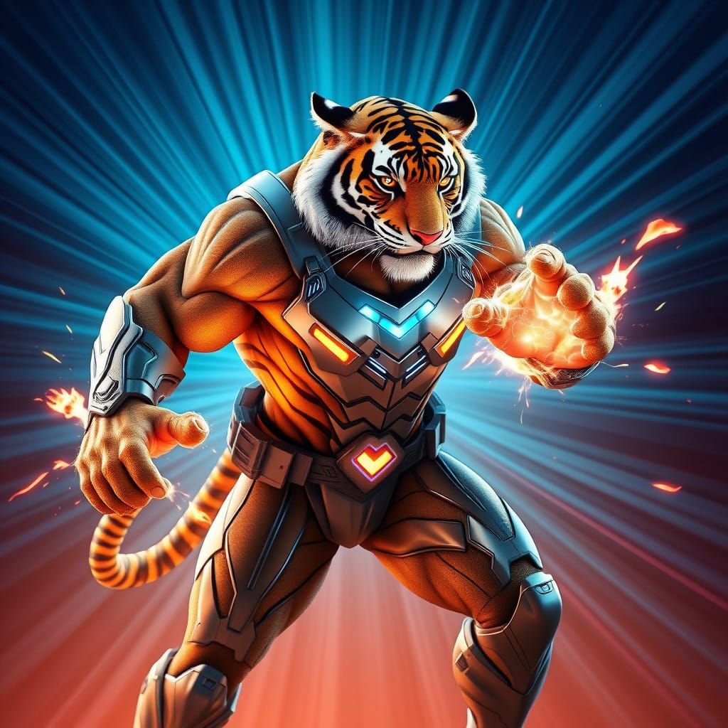 Cybernetic Tiger Superhero Unleashes Quantum Energ... - AI Art