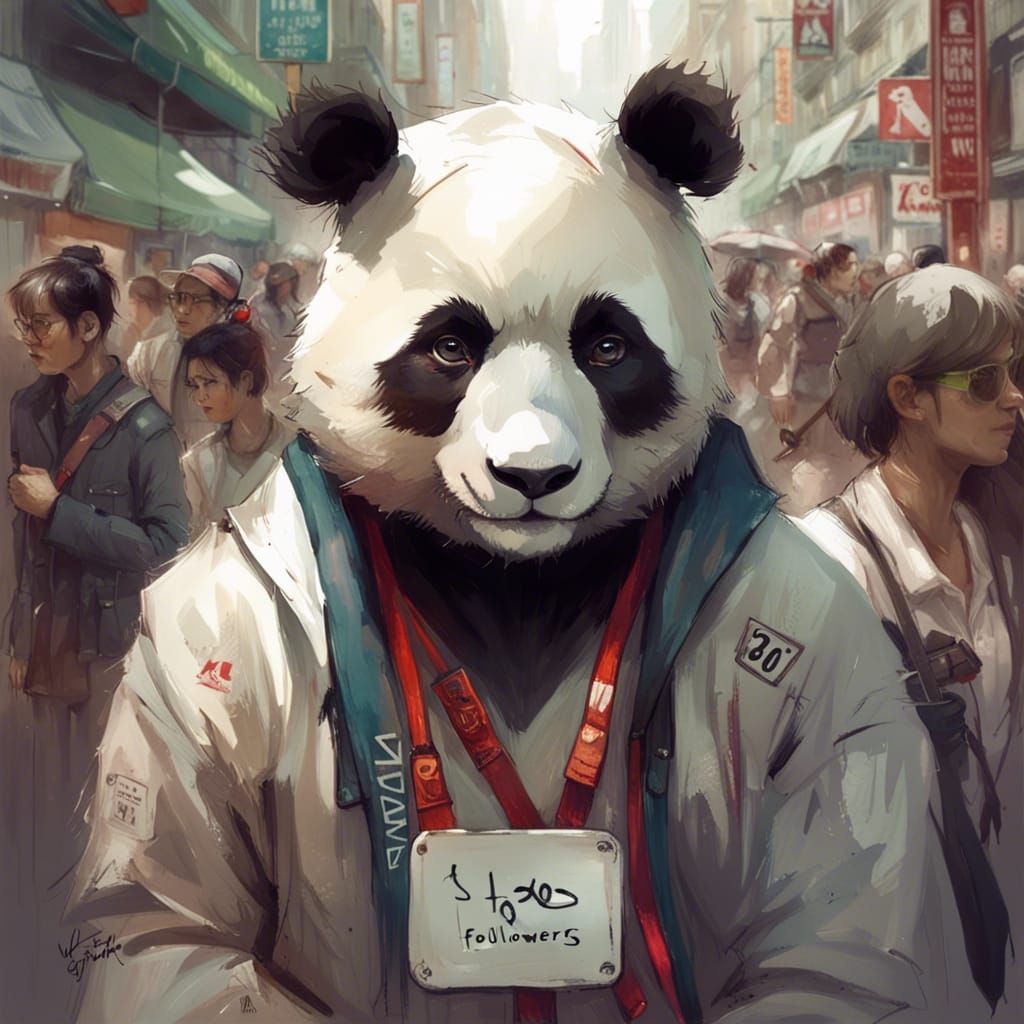 Portrait of a gorgeous Artist Panda with sign "Text says "300 Followers ...