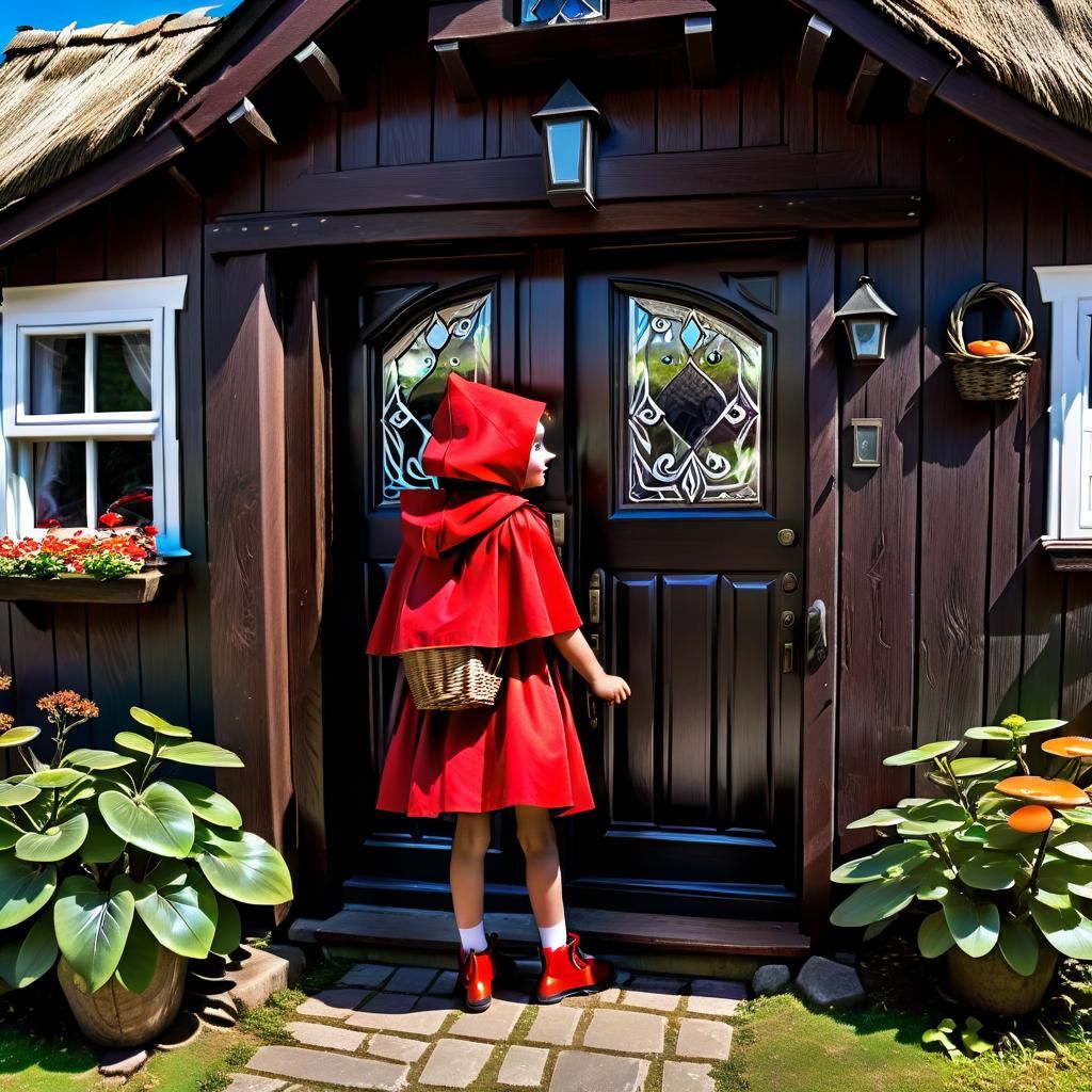 little red riding hood standing at the door of a cottage in the black ...