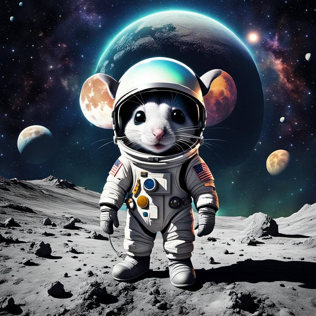 Photograph, Chibi Mouse in space helmet and suit on the moon surface ...