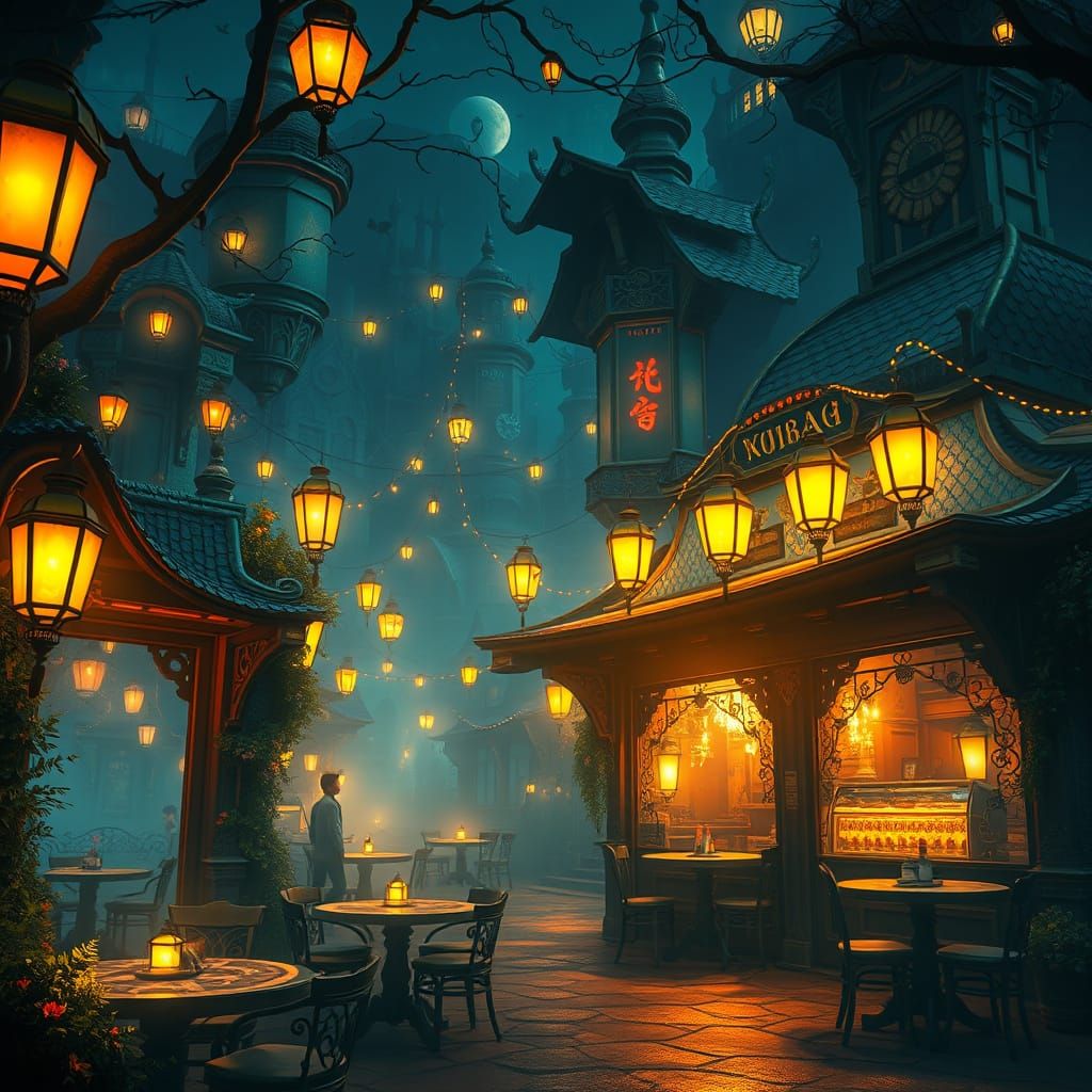 Night cafe - Ethereal Nighttime Scene in Vibrant, Fantastica...