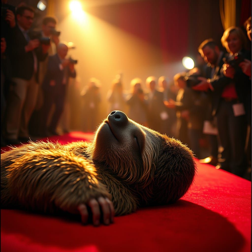Sloth Basks in Red Carpet Spotlight, Blissfully Un... - AI Art