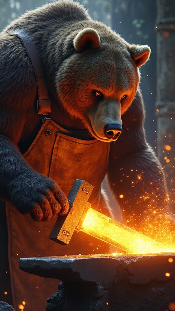 Colossal Grizzly Bear Blacksmith in a Dark, Mystic... - AI Art