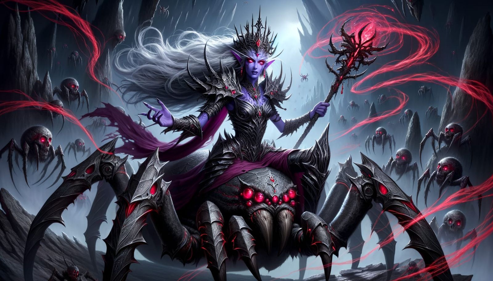 Drow Elf Warrior Queen and her Armored Arachnid Familiar