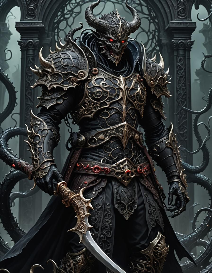 Obsidian tentacle demon knight with big sword, STYLE: romanticism - AI ...