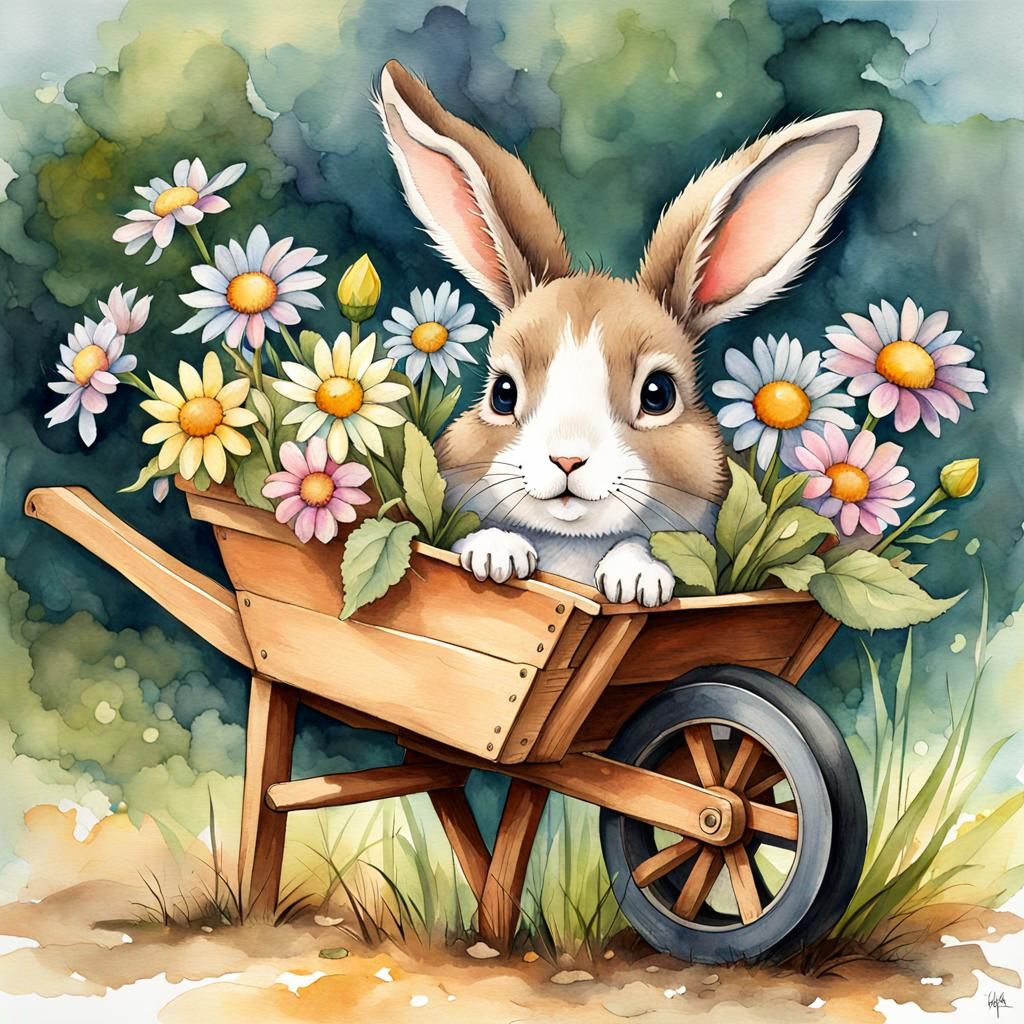 my little fluffy bunny in wooden wheelbarrow - AI Generated Artwork ...