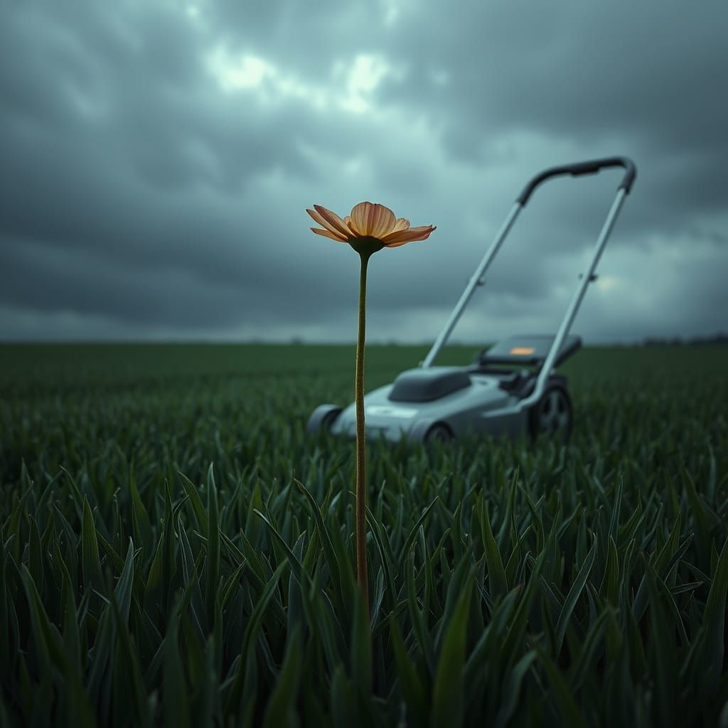 The tallest flower gets its head cut off by the lawnmower