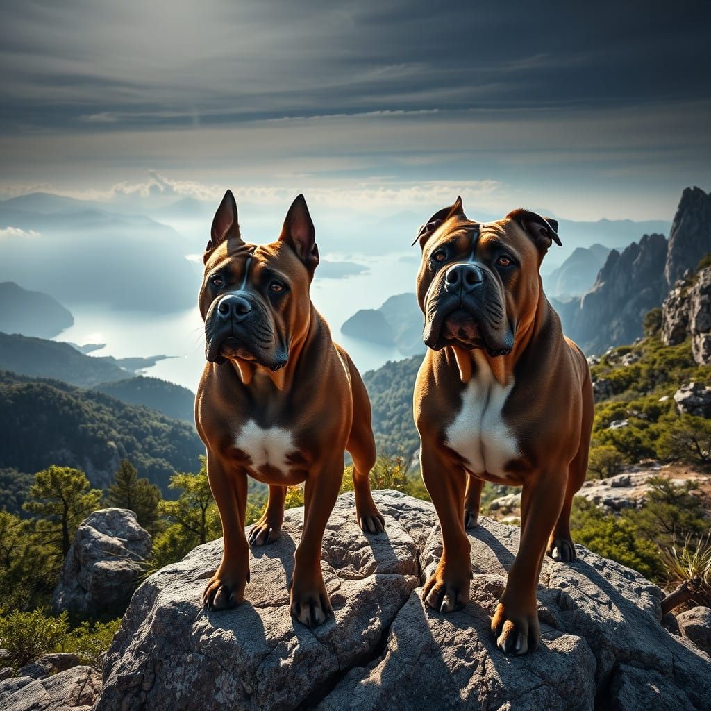 Dogs standing majestically on the rocky peak...
