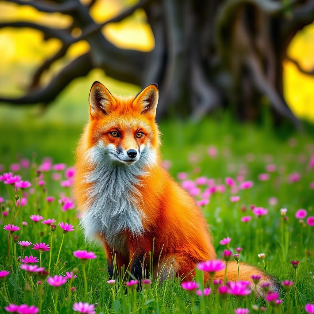 Majestic Lush Red Fox In A Lush Green Meadow With Hot Pink Flowers And ...