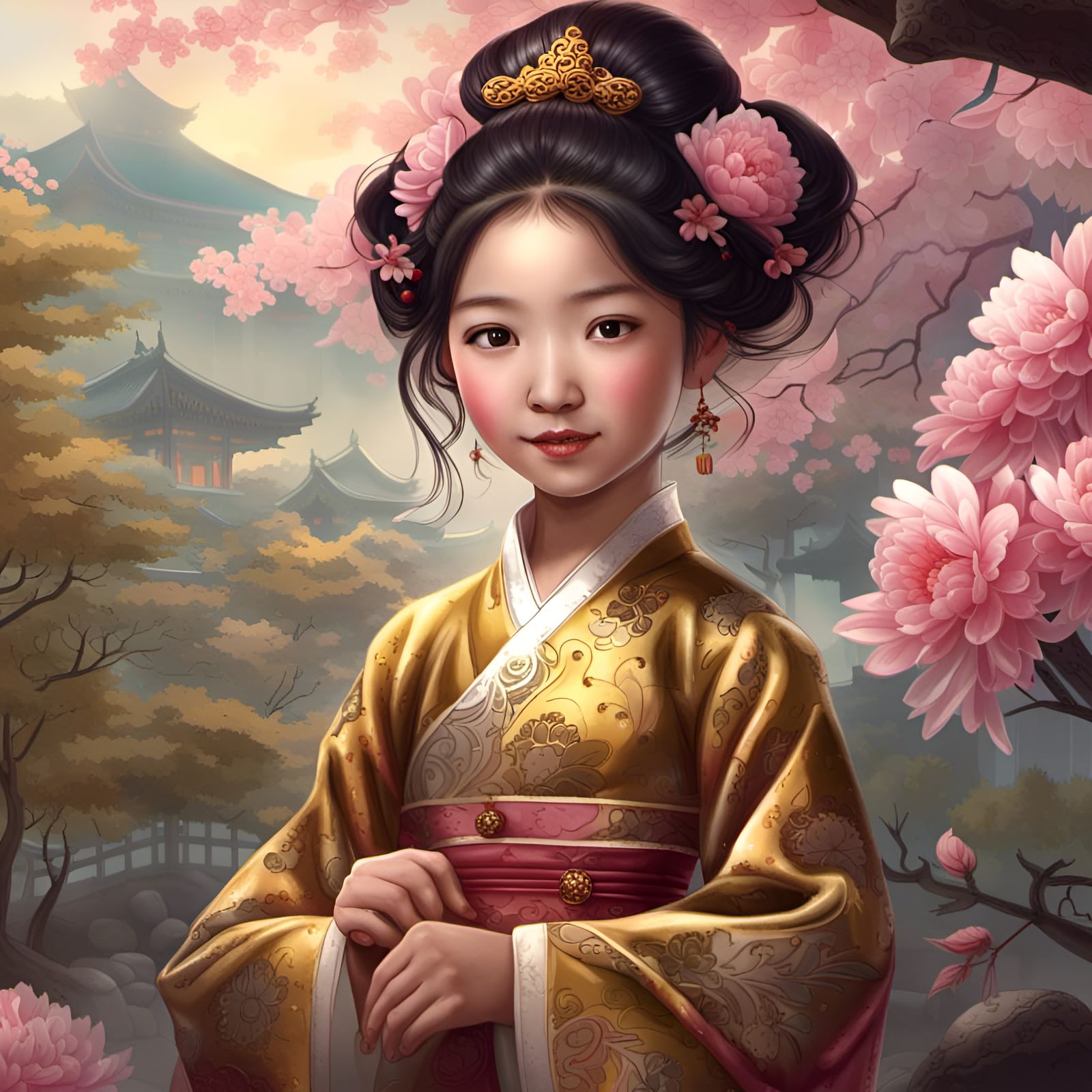 Little chinese princess smiling with a buns and peonies in her hair and ...