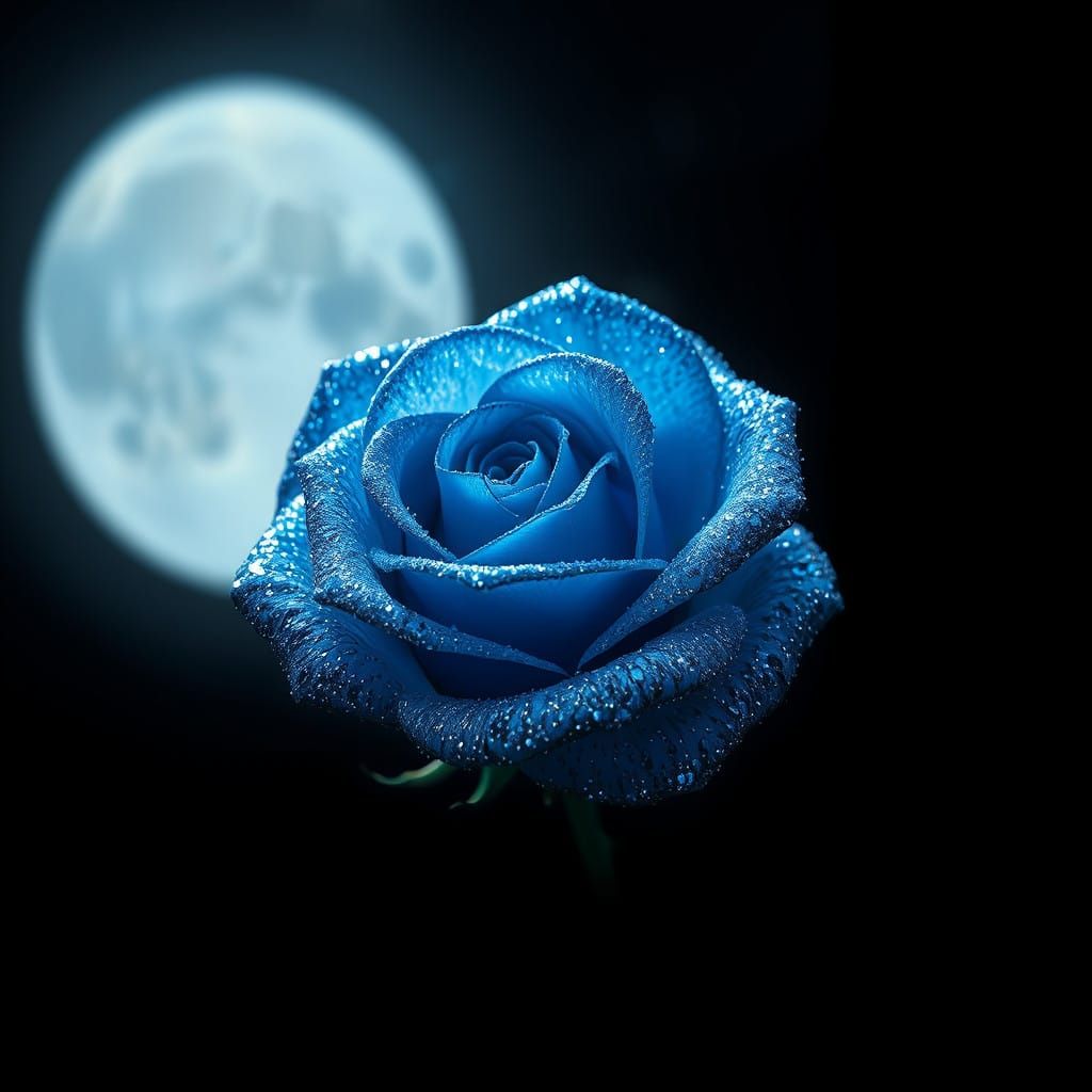 A sparkling glitter blue rose floating in the night sky