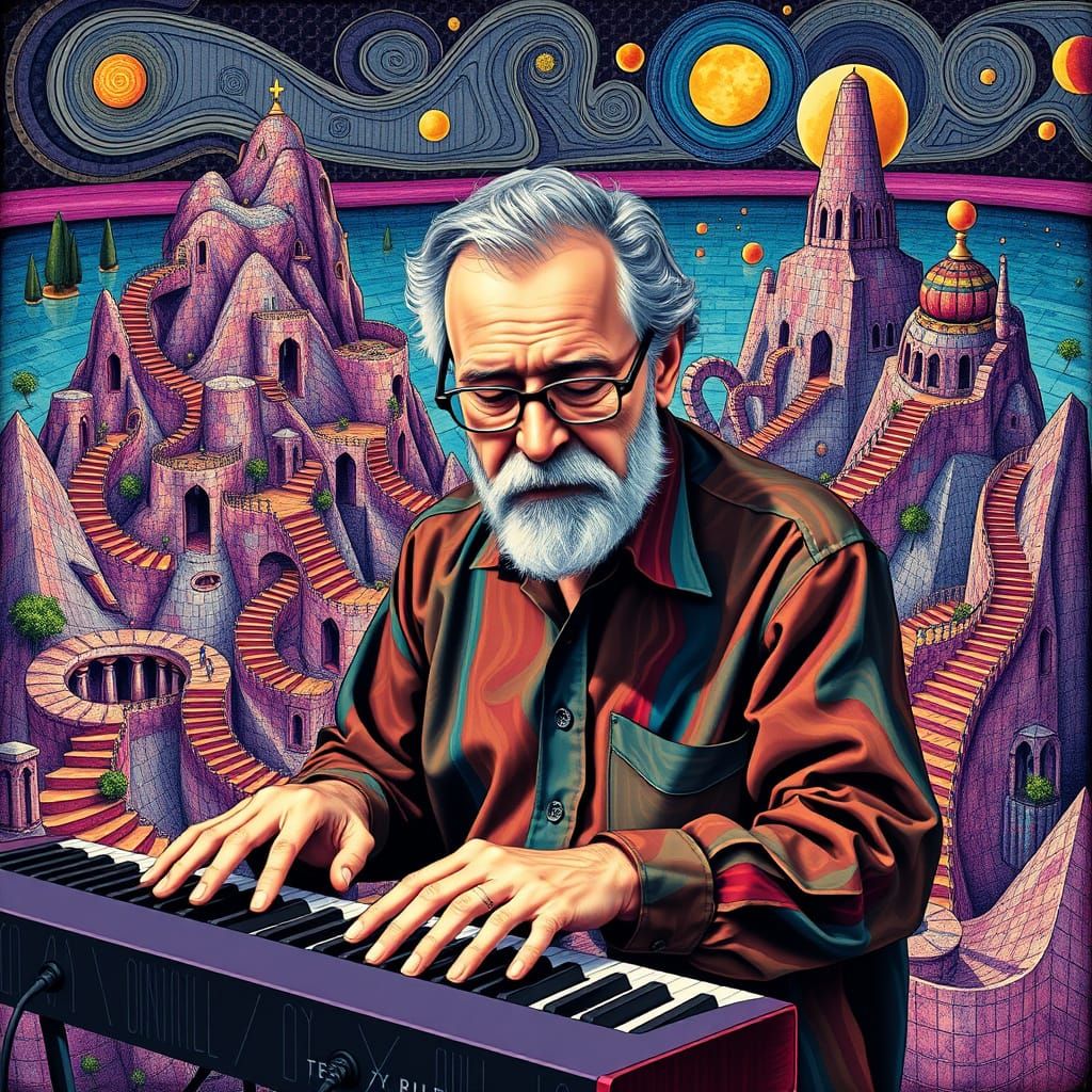 Terry Riley in Escher-Inspired Psychedelic Island - AI Art