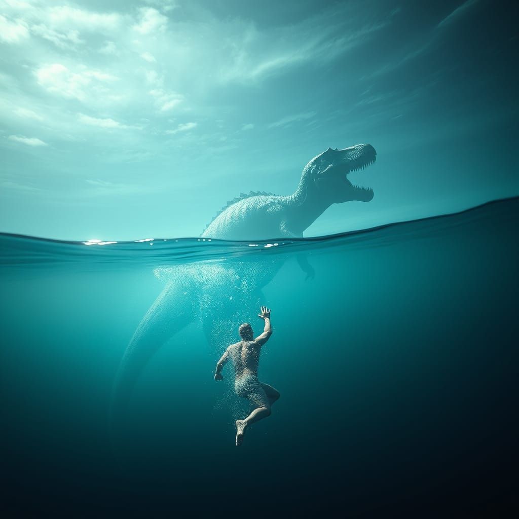 Human Man Drowned by Hyperreal Ghostly Mosasaur in... - AI Art