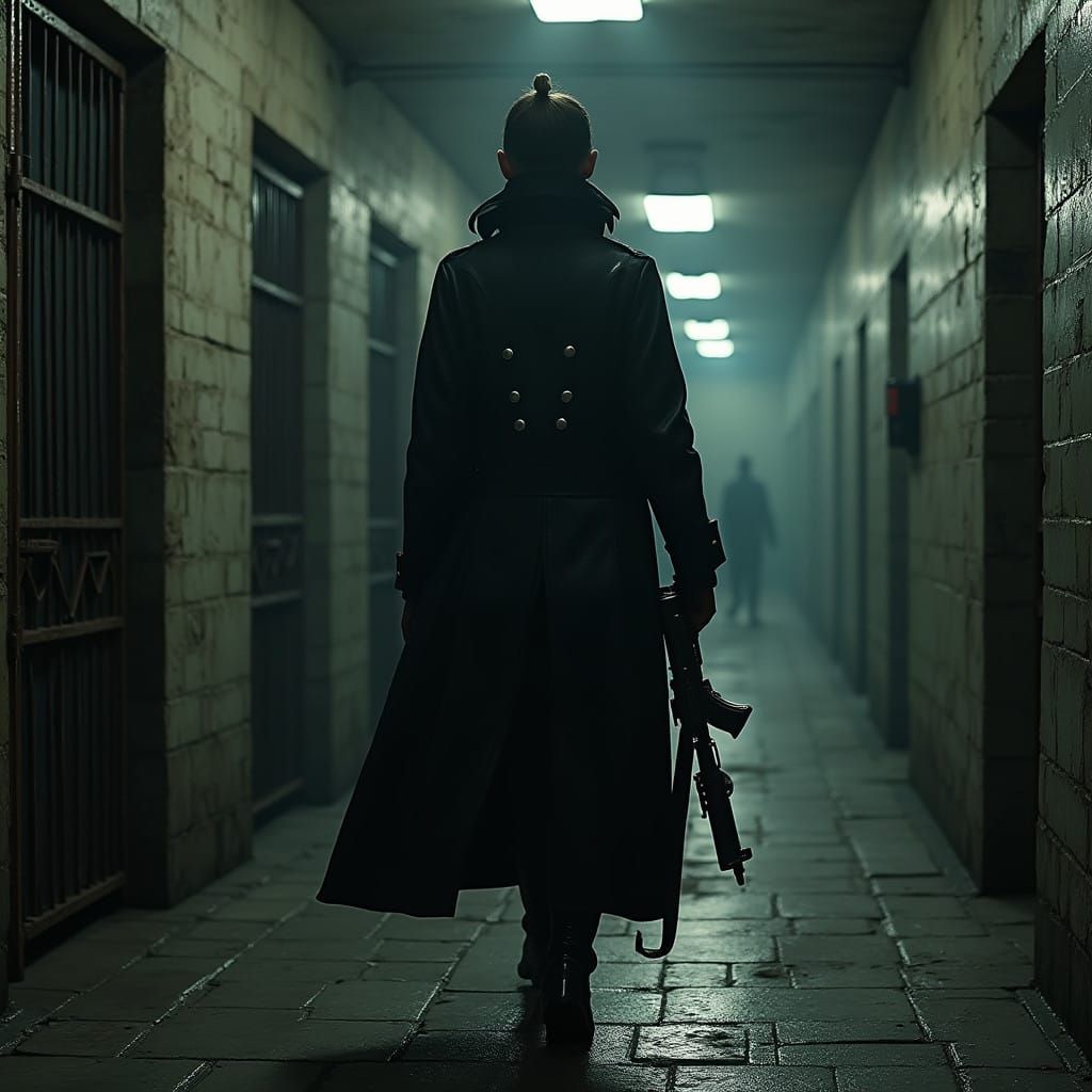 Dark, Gritty Prison Guard in Black Leather Trench ... - AI Art