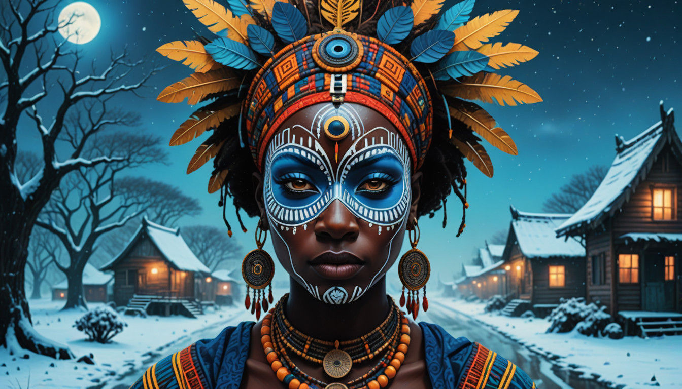 An awe-inspiring lady donning traditional African voodoo mask ...
