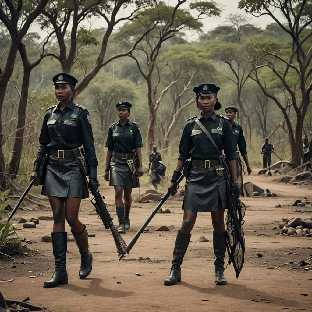 Six statuesque female prison guards wearing black leather uniform with ...