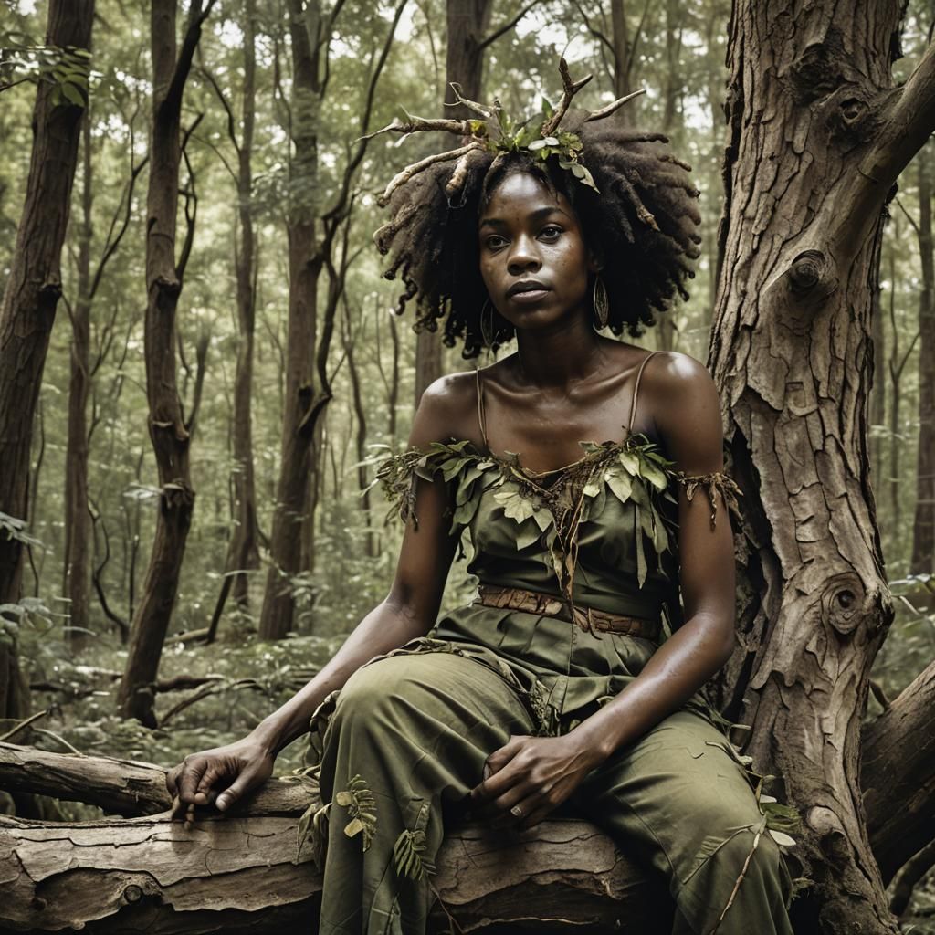 portrait of an african american wood nymph sitting on a large tree limb ...