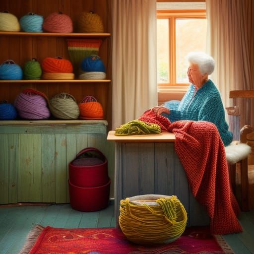 An old lady knitting a sweater, a lot of buckets with yarn around, in a ...