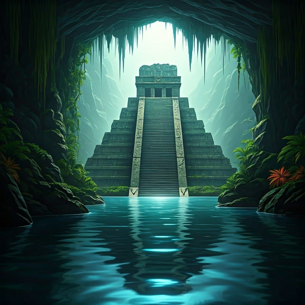 Surreal Mayan Pyramid in Crystal Cavern with Ether... - AI Art