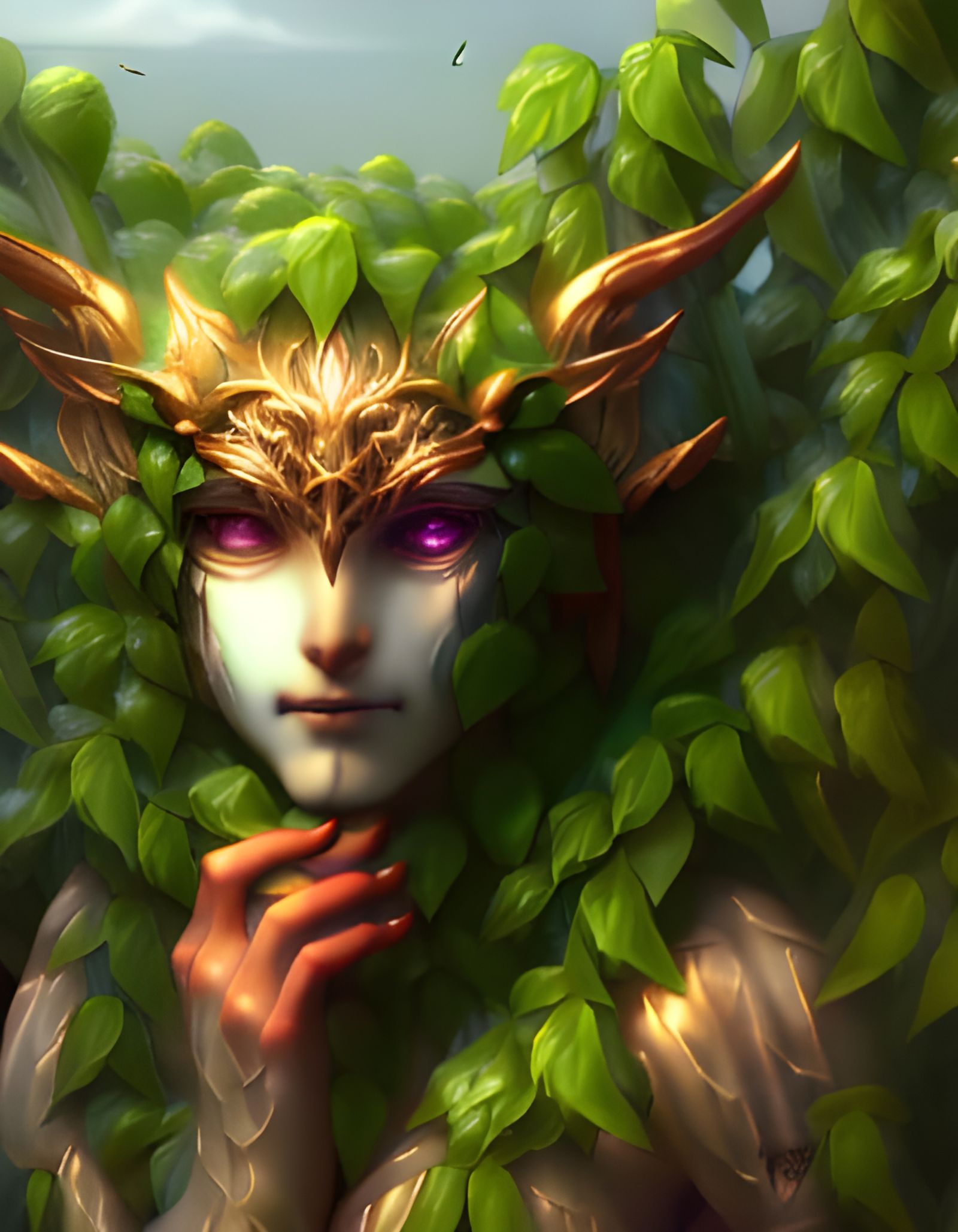 Statue of a mystical demon Covered in Vines, in the vineyards head and ...