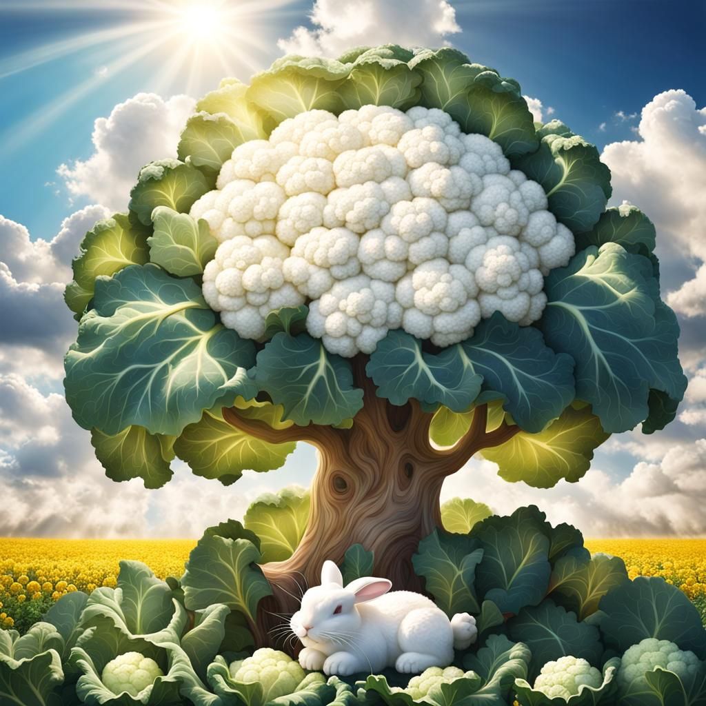 Big cauliflower as tree,little bunny sleeping under it - AI Generated ...