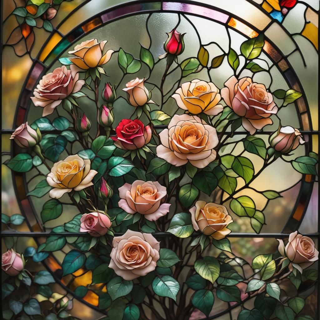 blooming rose bush stained glass, conservatory setting, vintage and ...