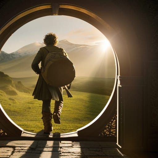 Frodo Baggins running out of his round door. Seen from behind. Bagpack ...