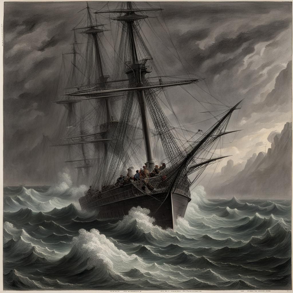 On the deck of a 1815 frigate in heavy seas, rain, storm - AI Generated ...