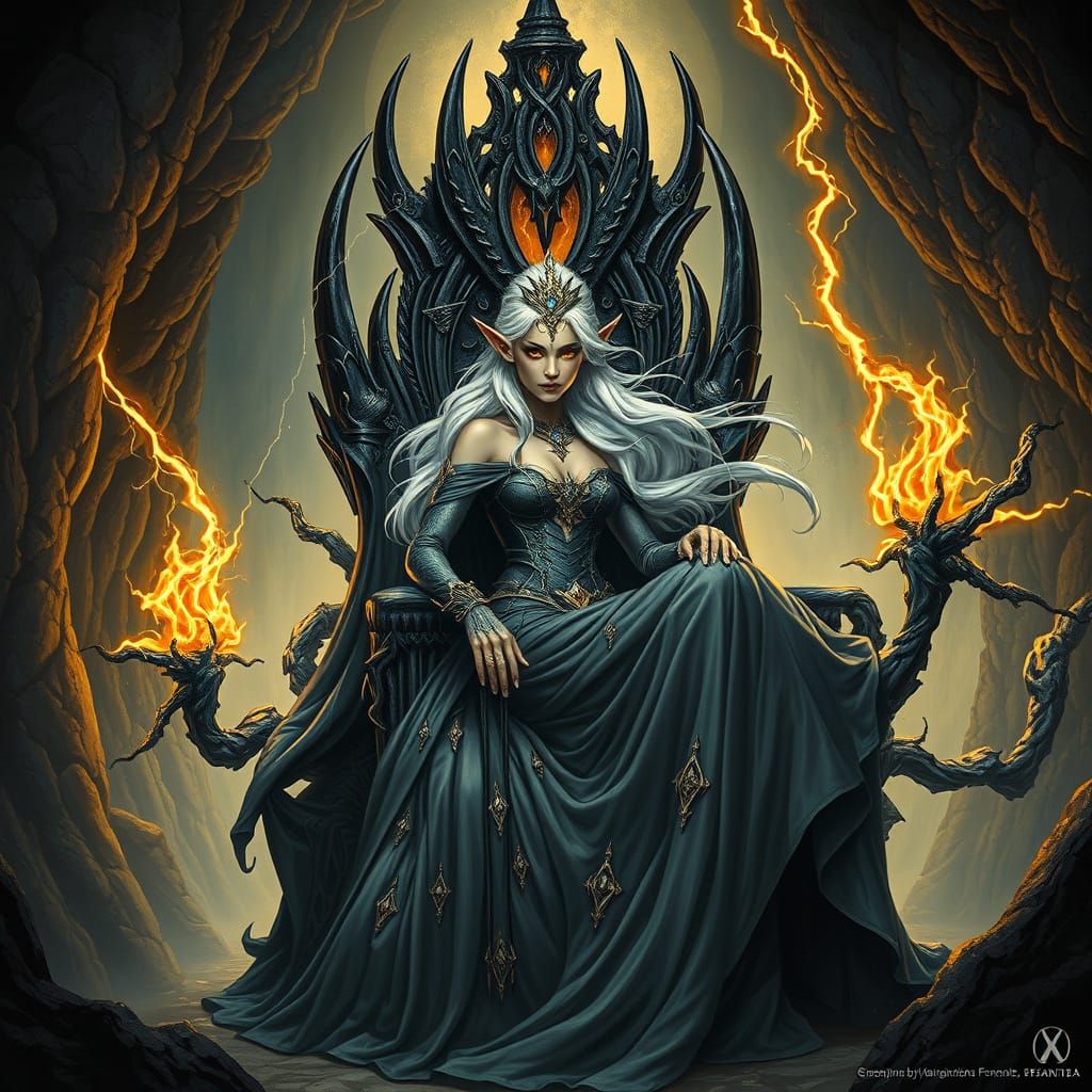 Drow Elf Queen on Obsidian Throne in Dark Fantasy ... - AI Art