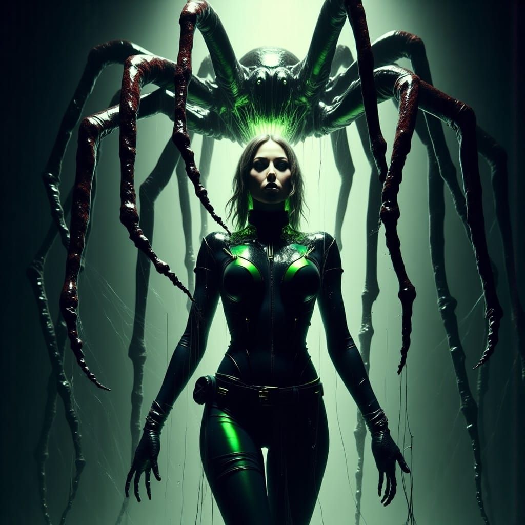 Woman dressed in futuristic clothing trapped in a giant spiderweb. On the top we see the giant ...