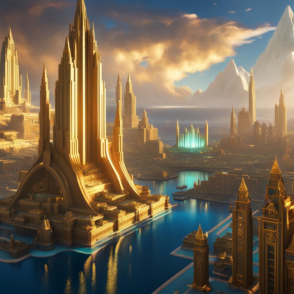 Atlantis expansive City seacoast golden White Opal diamond Skyscraper ...