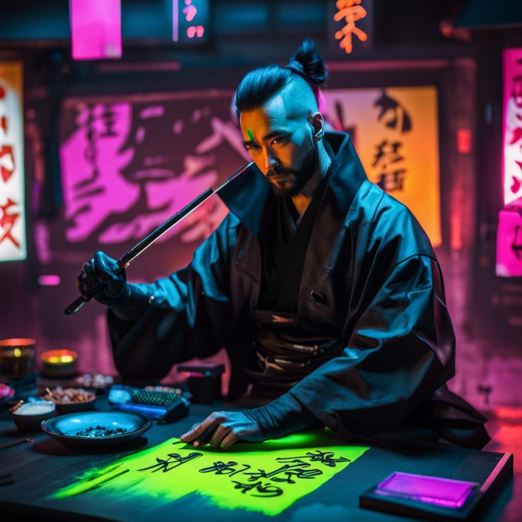 Japanese calligraphy master poses with rice paper, brush set and ink ...