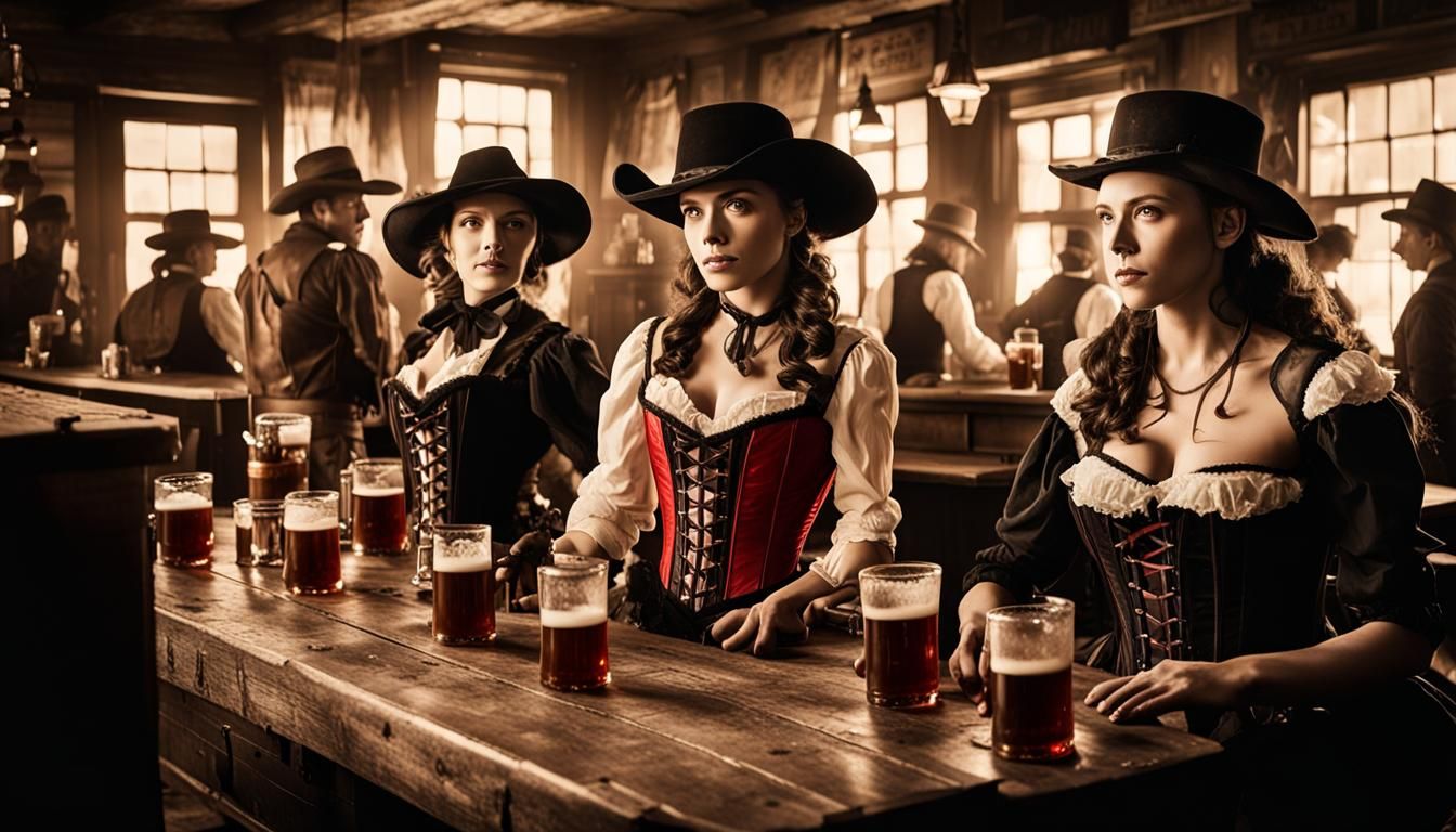 A wide angle view of an old west saloon interior, tight focus on female bartenders - AI ...