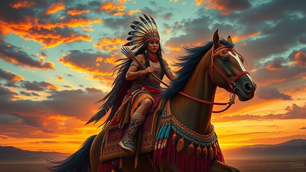 An Apache warrior woman rides a beautifully decora... - AI Art