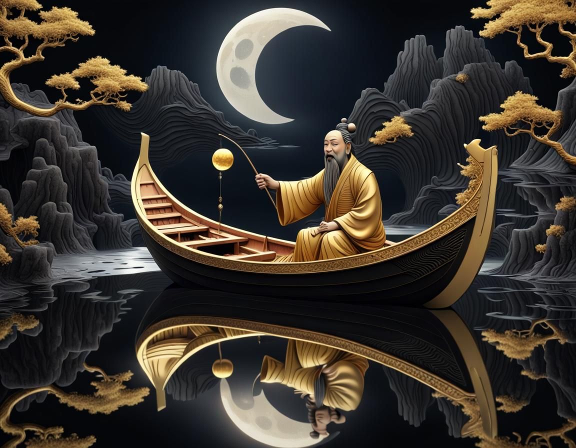 Chinese Poet Li Po Fishing for the August Moon - AI Generated Artwork ...