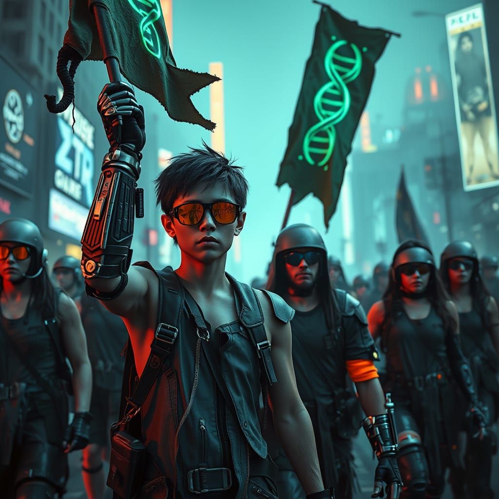 Cyberpunk Rebels March Through a Futuristic Metrop... - AI Art