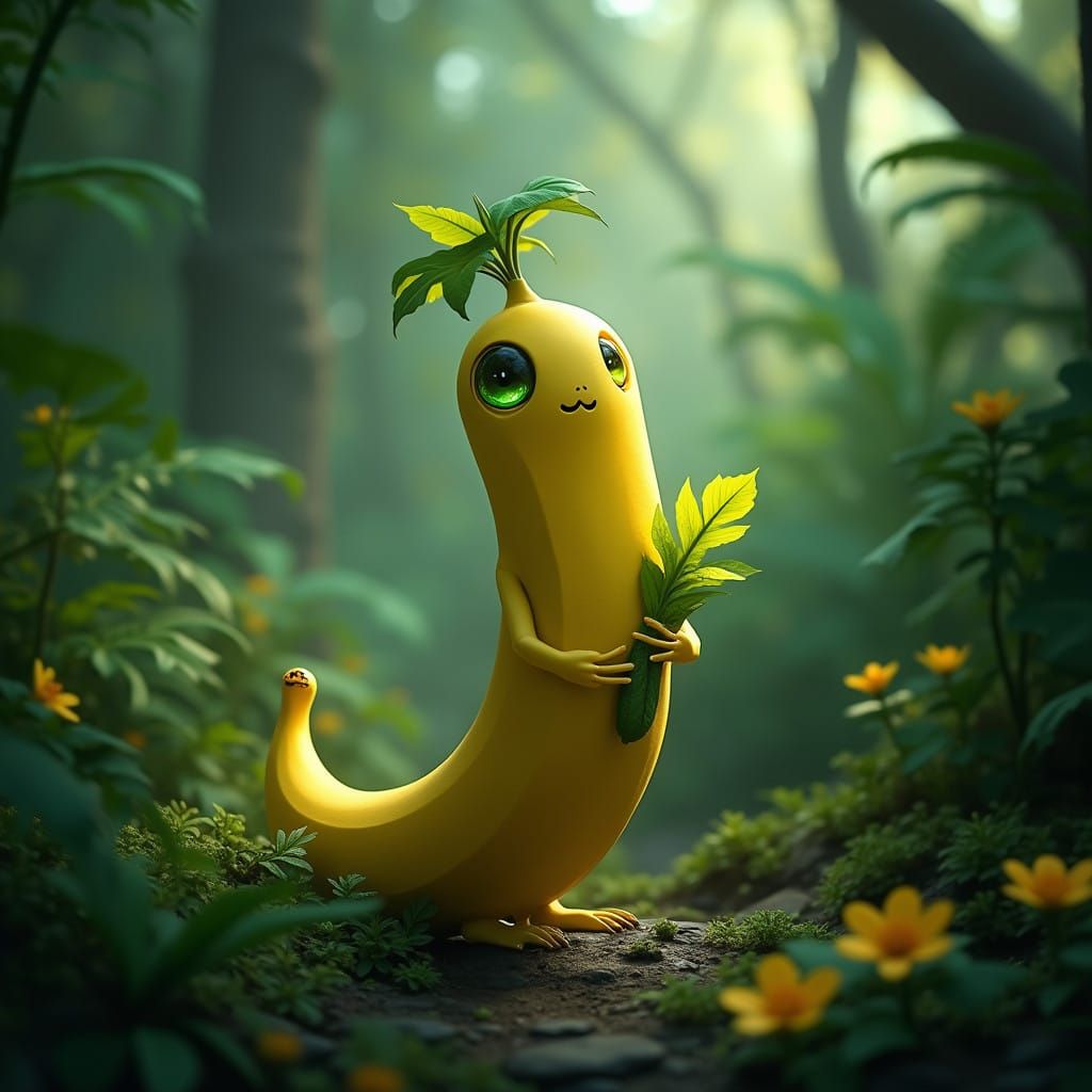 design a playful banana creature with a long, curved body and bright ...