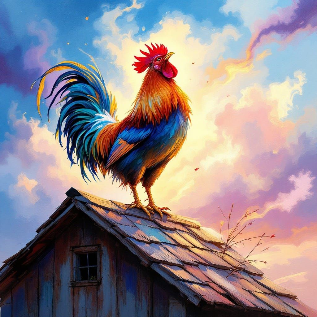 A Proud Rooster Greets the Dawn - Vibrant Rooster in Soft Da...