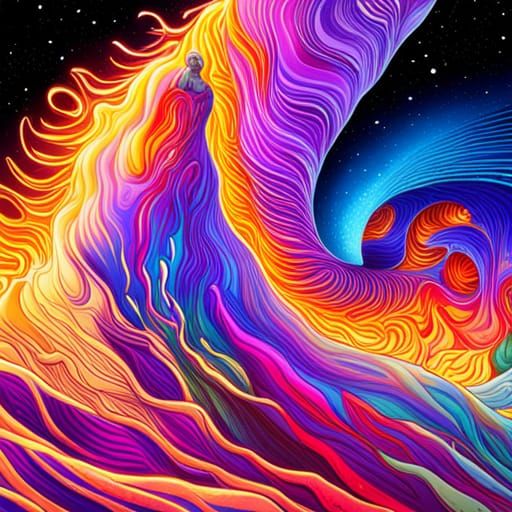 Depiction of a man surfing galactic waves in a great cosmic adventure ...