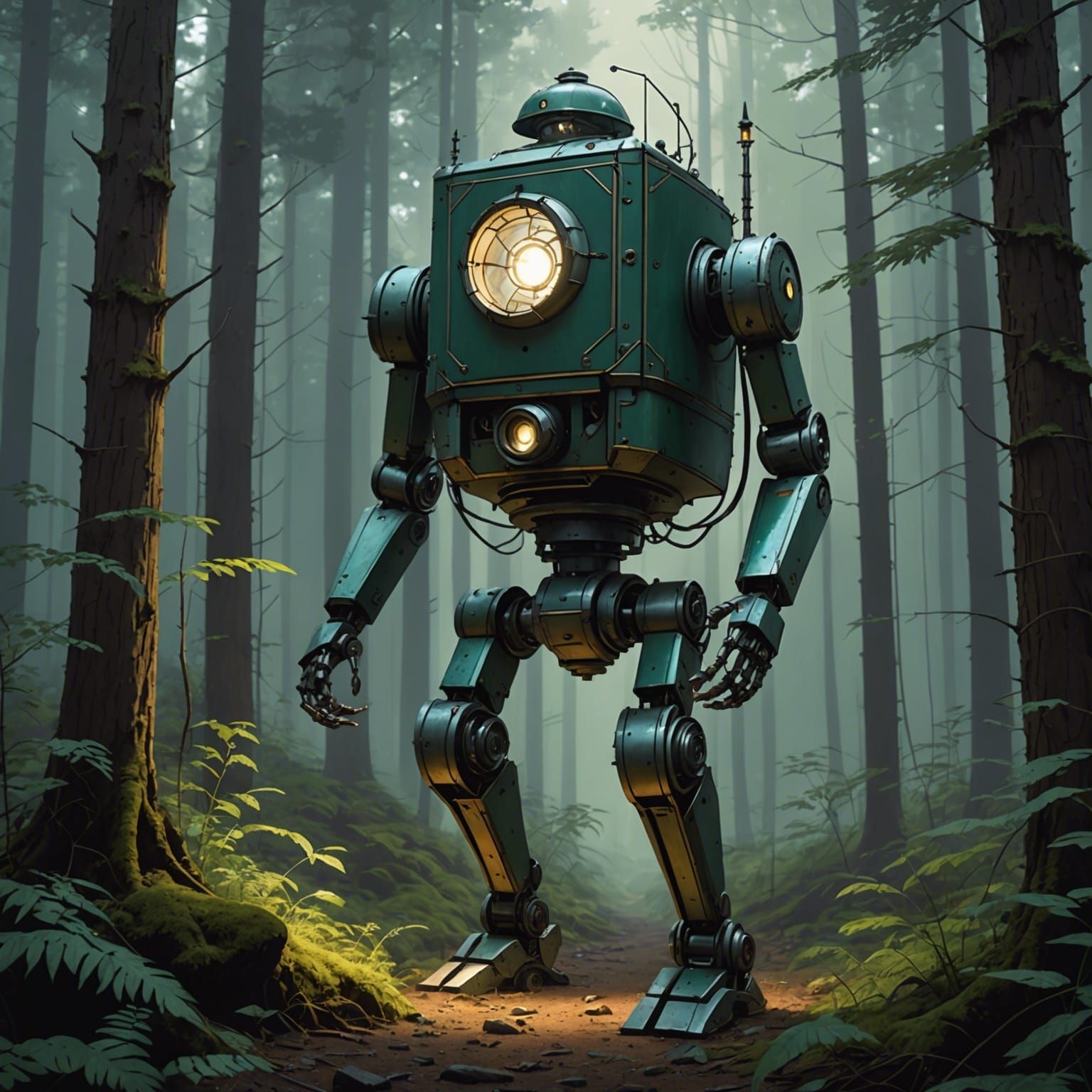 Robot lantern with 4 mechanical legs walking through a dense forest ...
