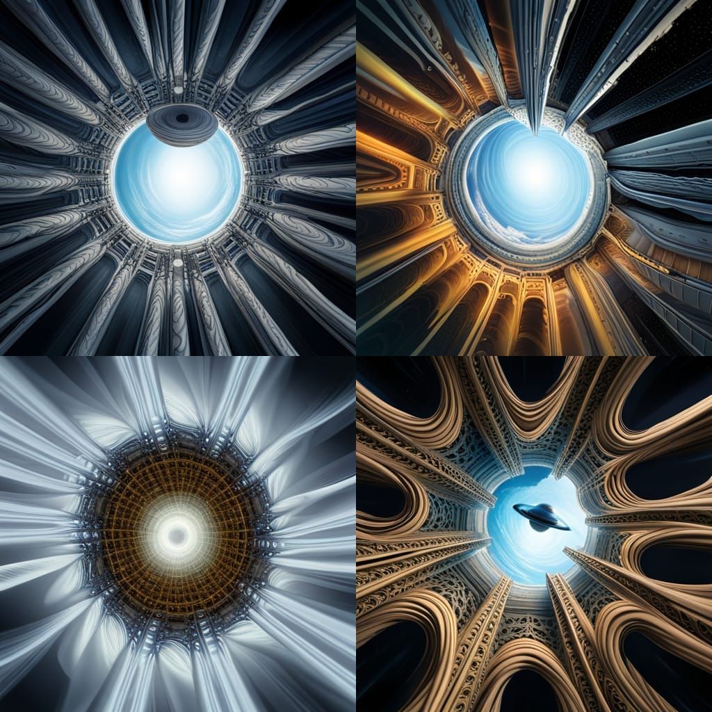 A beautiful matte painting of a UFO going through a wormhole portal ...