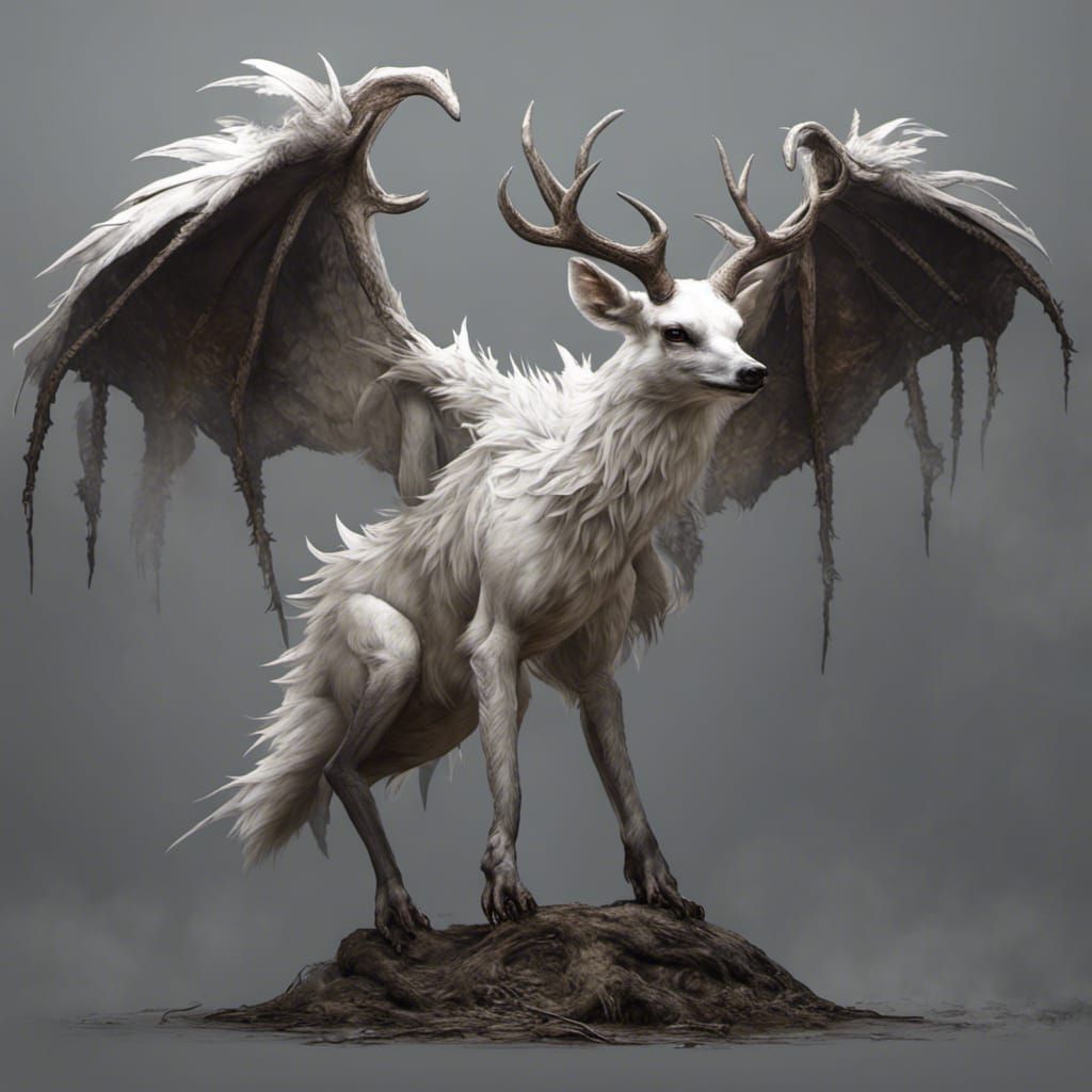 White flying fox-deer with antlers on its head and large feathered ...