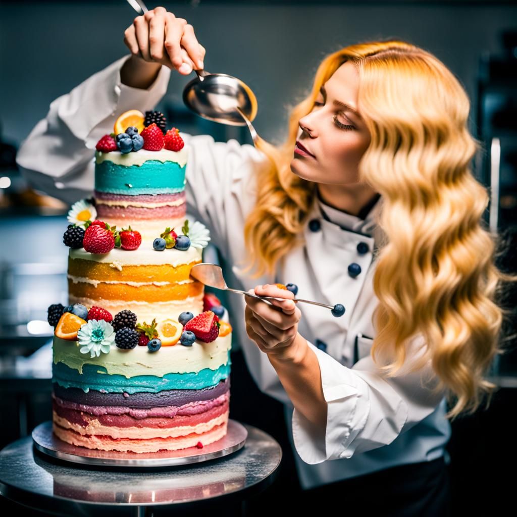 Pastry chef decorating a colorful 5 layer cake - AI Generated Artwork ...