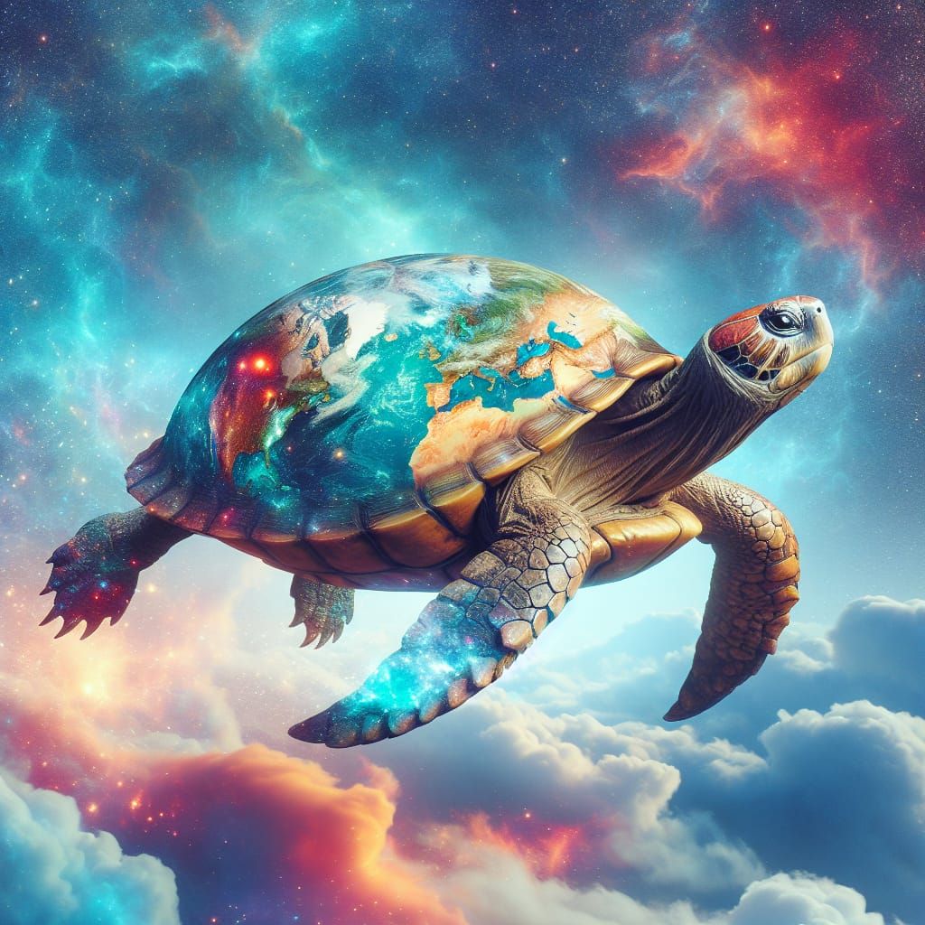 Flying turtle with a realistic earth globe for a shell in a luminescent ...